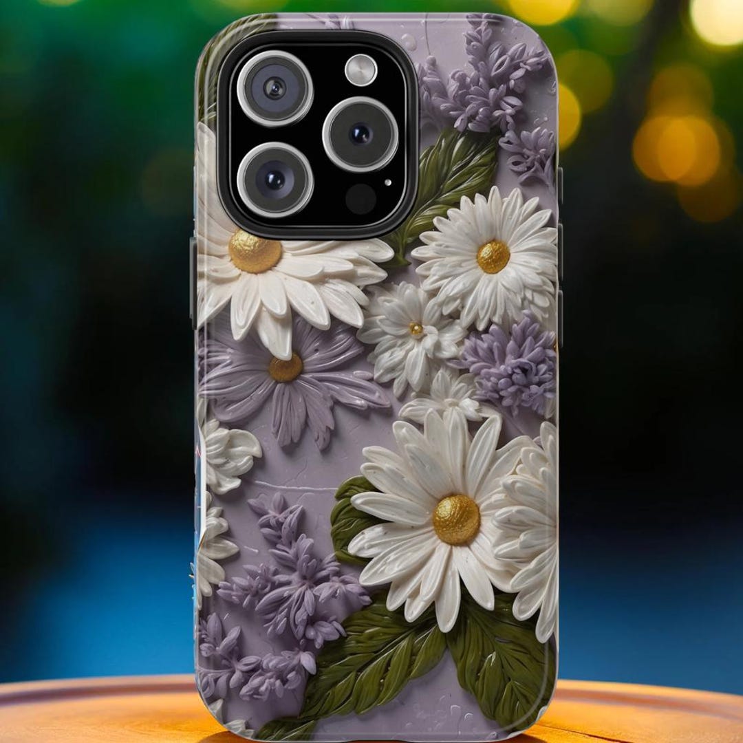 3D Look Floral Daisy and Lavender Phone Case in Pastel Purple - iPhone ...