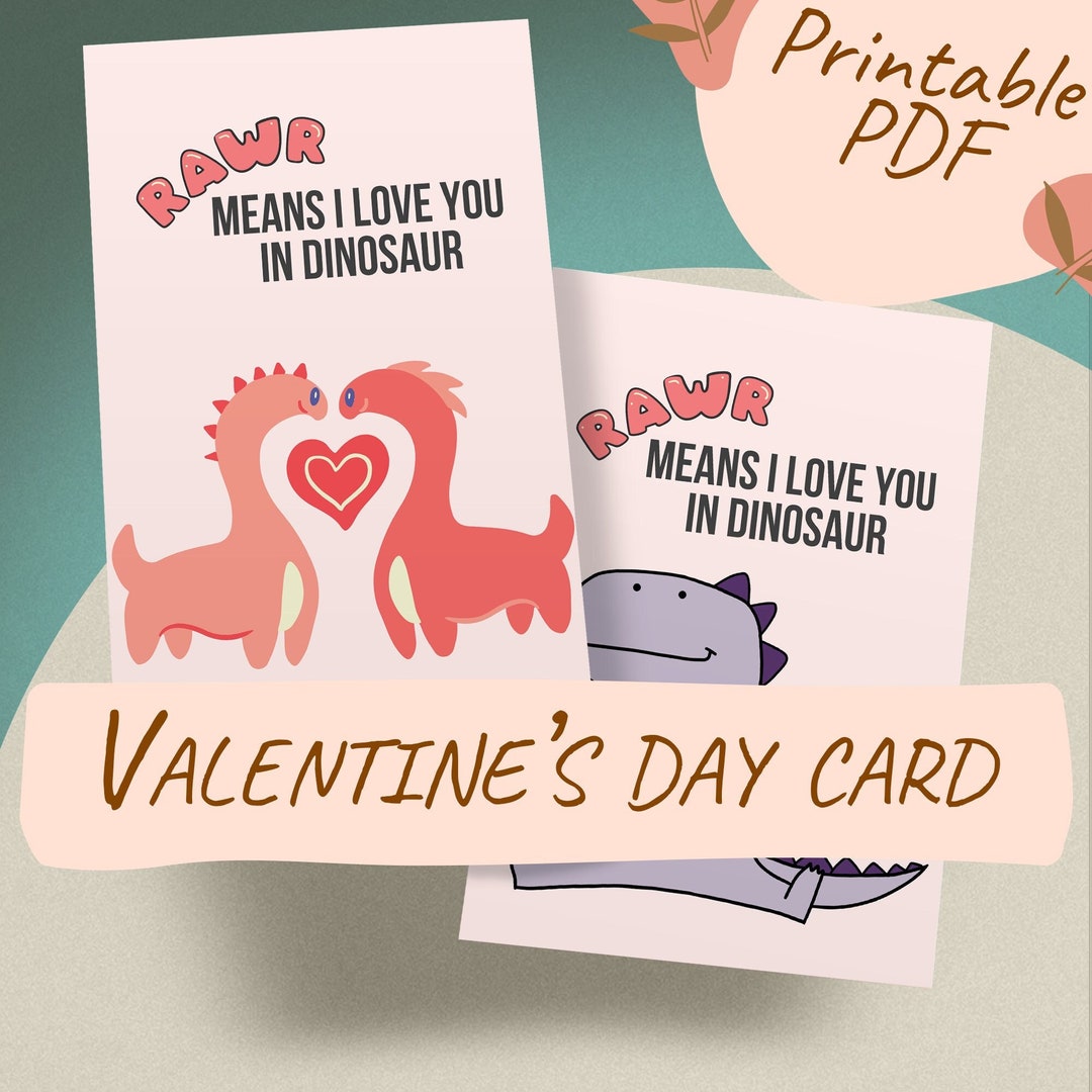 Valentine's Day Card Dinosaur Valentine's Card Printable PDF File ...