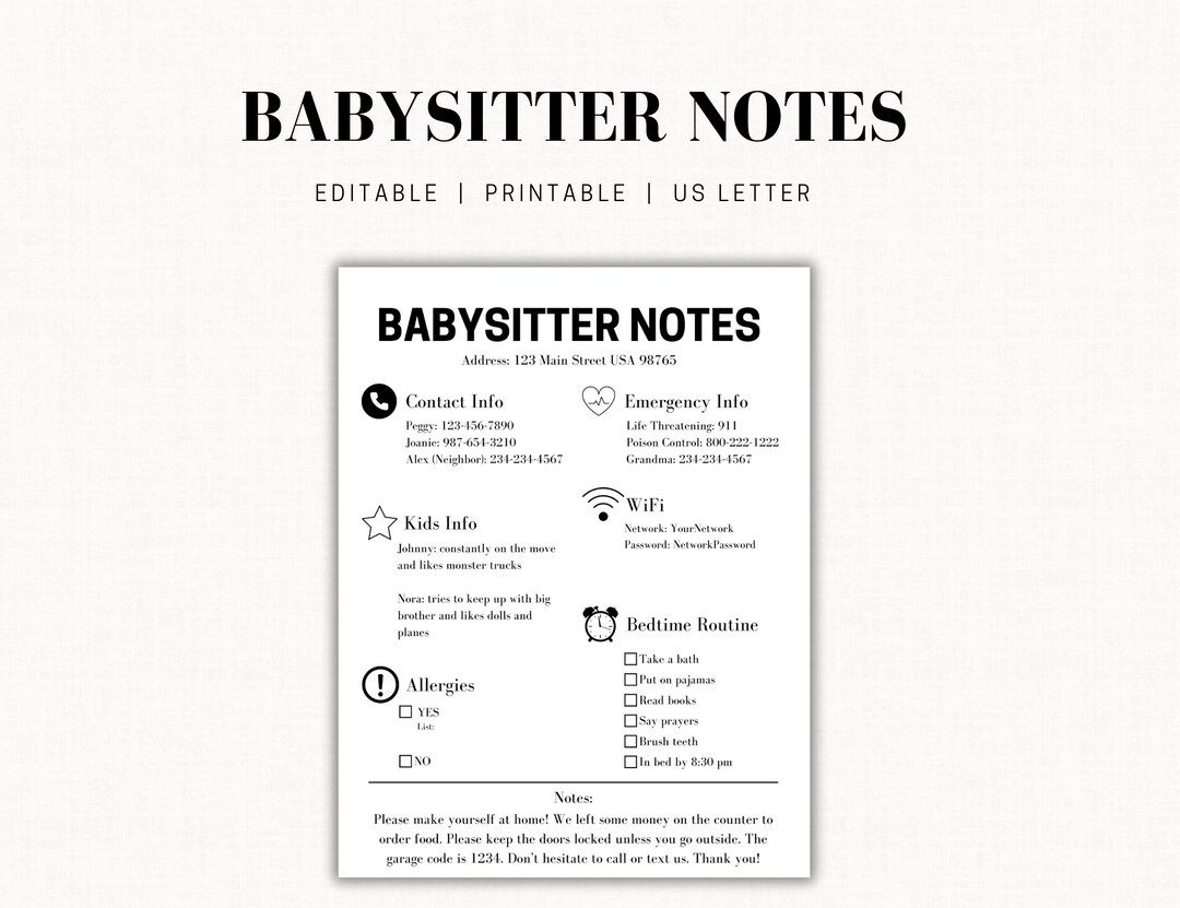 Babysitter Notes | Kid Info Canva Template | Editable Nanny Notes ...