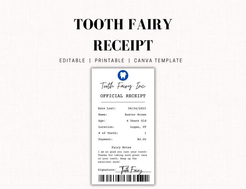 Editable Tooth Fairy Receipt | Customize & Print at Home | Baby ...