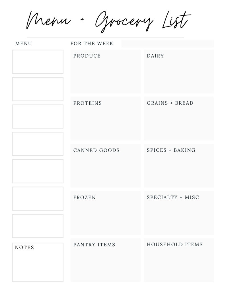 Printable Menu and Grocery List | Meal Planning Essentials | Instant ...