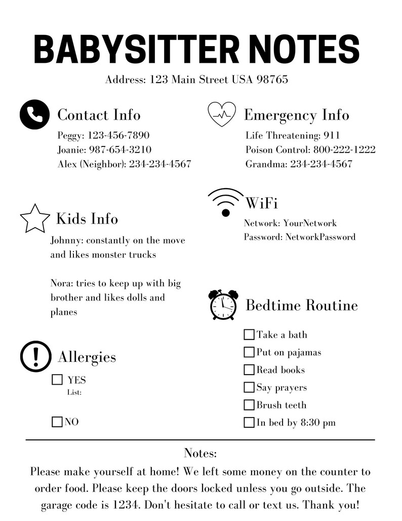 Babysitter Notes | Kid Info Canva Template | Editable Nanny Notes ...
