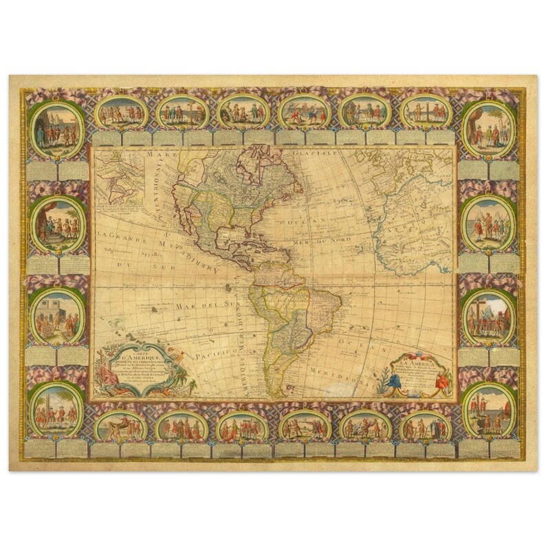 Ancient Illustrated Map of America. Poster of Old Cartography of the ...