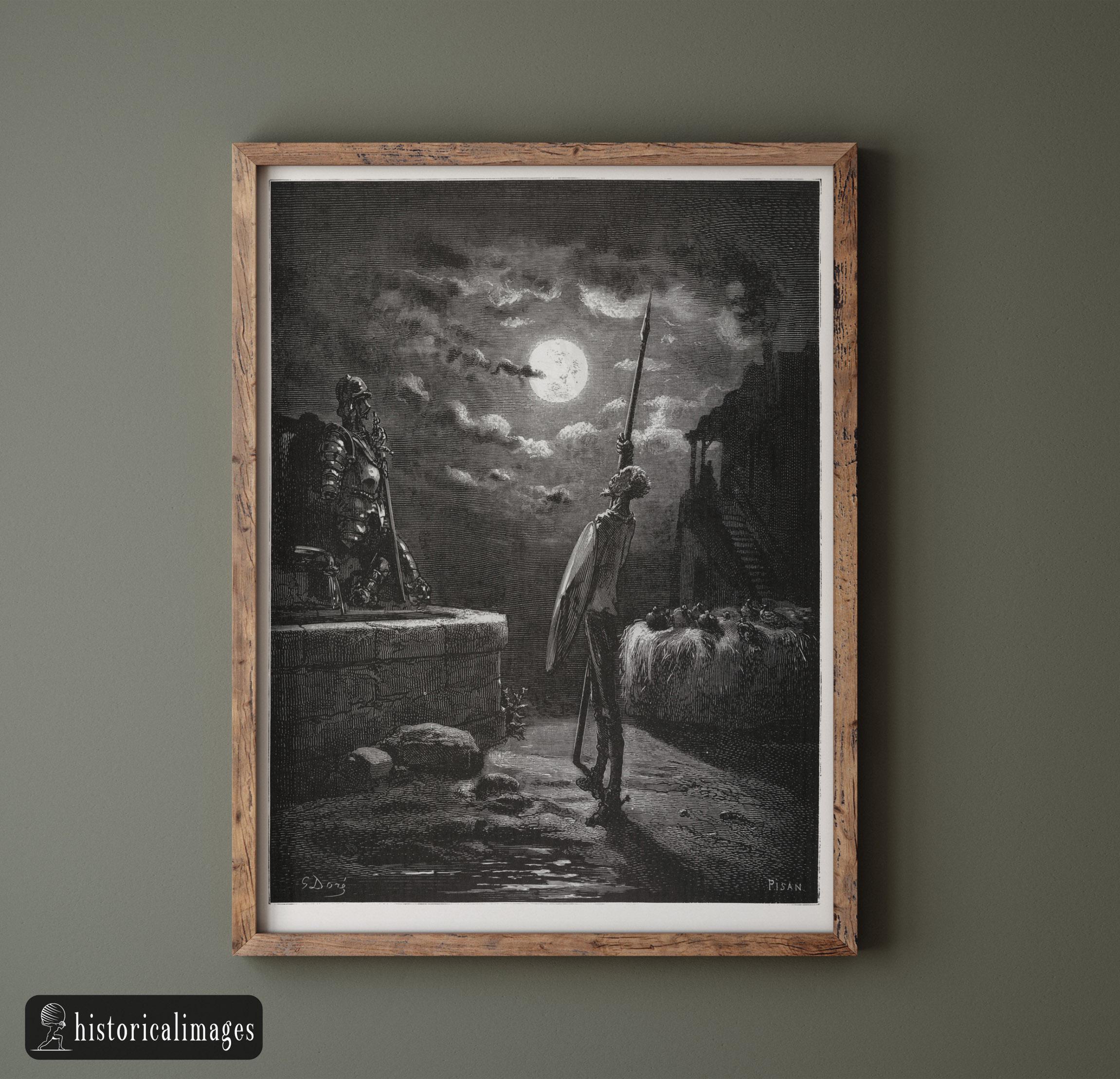 Don Quixote by Gustave Dore. the Knight Raising His Sword Against the ...