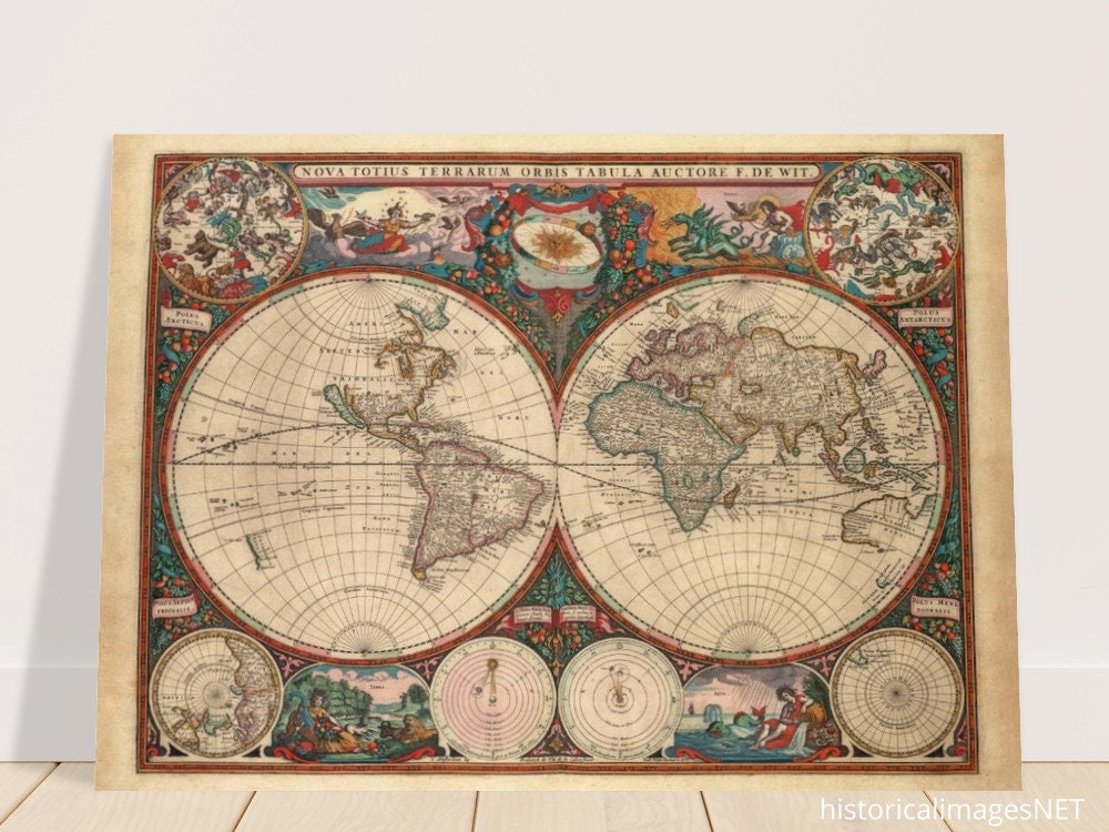 1660 Ancient Old World Map. Double Hemisphere Antique Map Reproduction ...