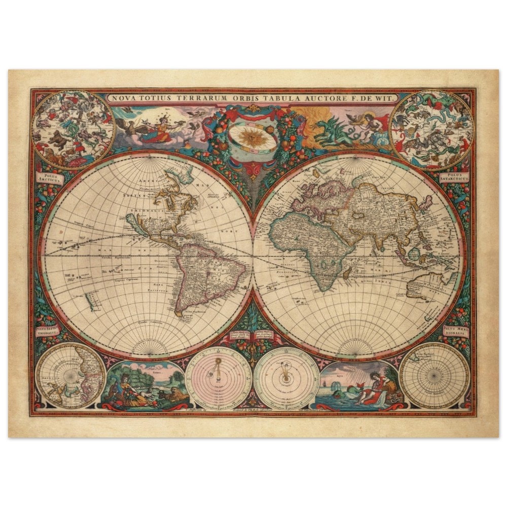 1660 Ancient Old World Map. Double Hemisphere Antique Map Reproduction ...