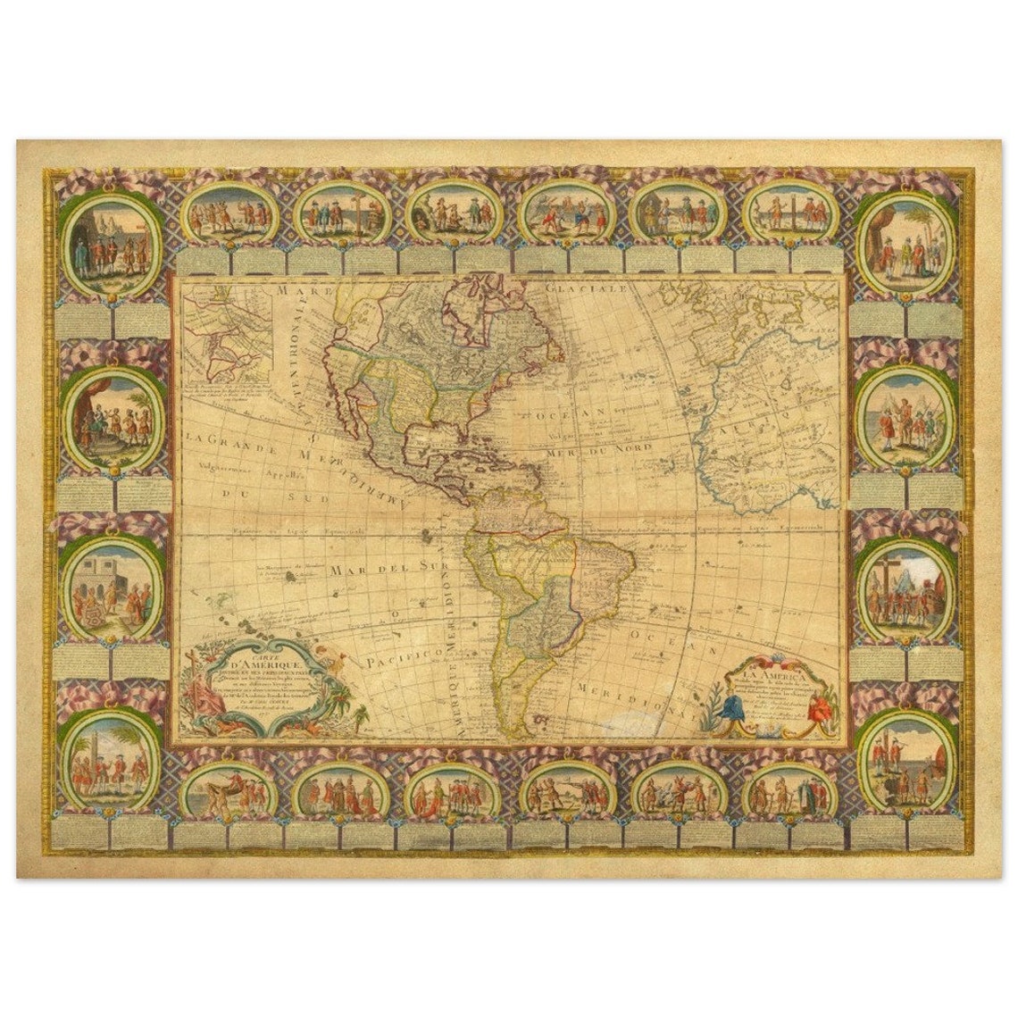 Ancient Illustrated Map of America. Poster of Old Cartography of the ...