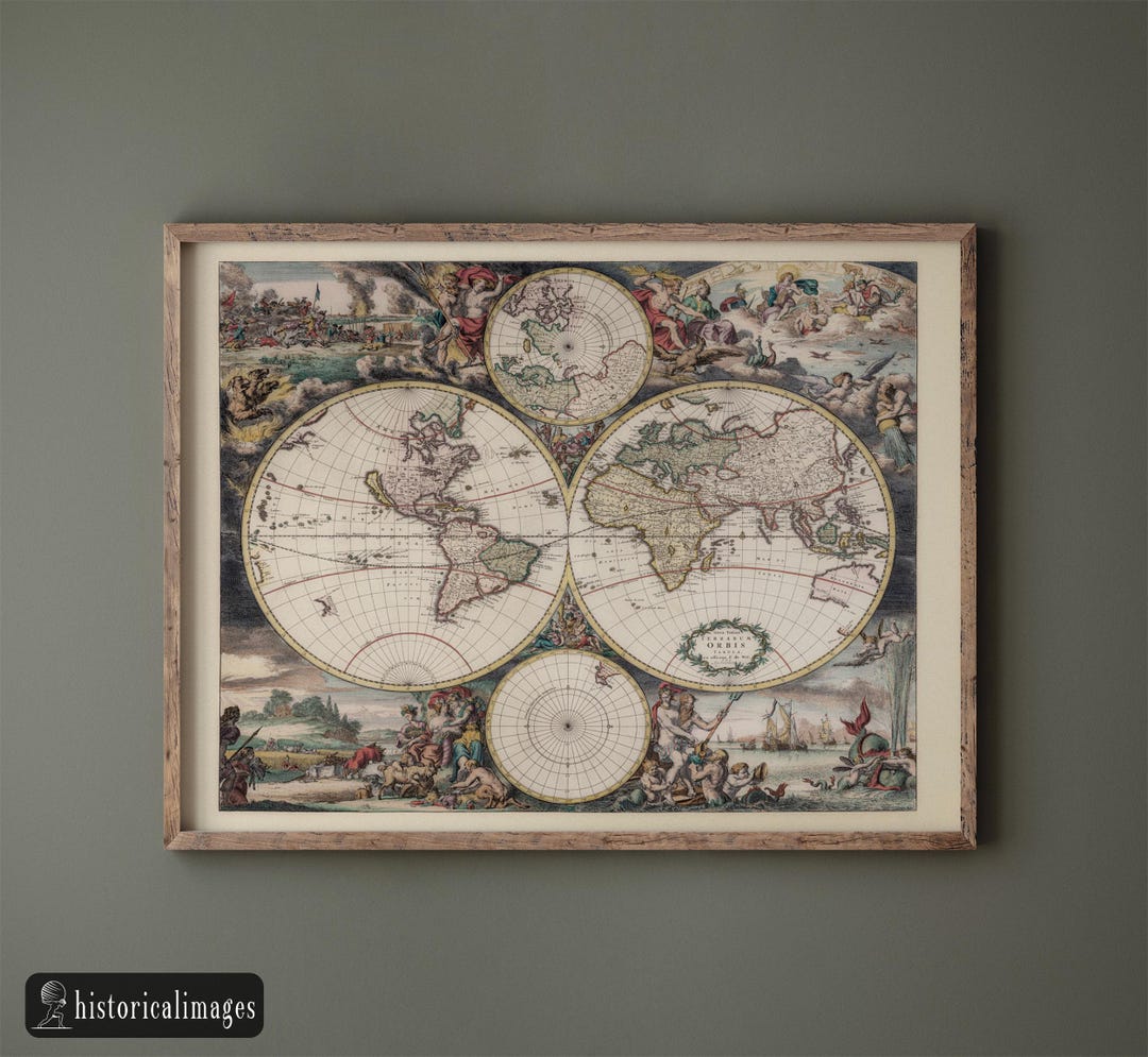 Ancient World Map XVII Century. Double Hemisphere Cartography With ...