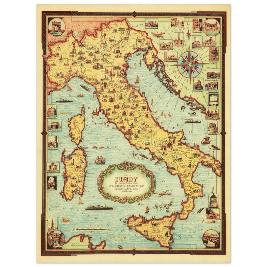 Italy Old Pictorial Map by Ernest Dudley Chase. Fine Art Print, Posters and Canvas. Wall Art ...