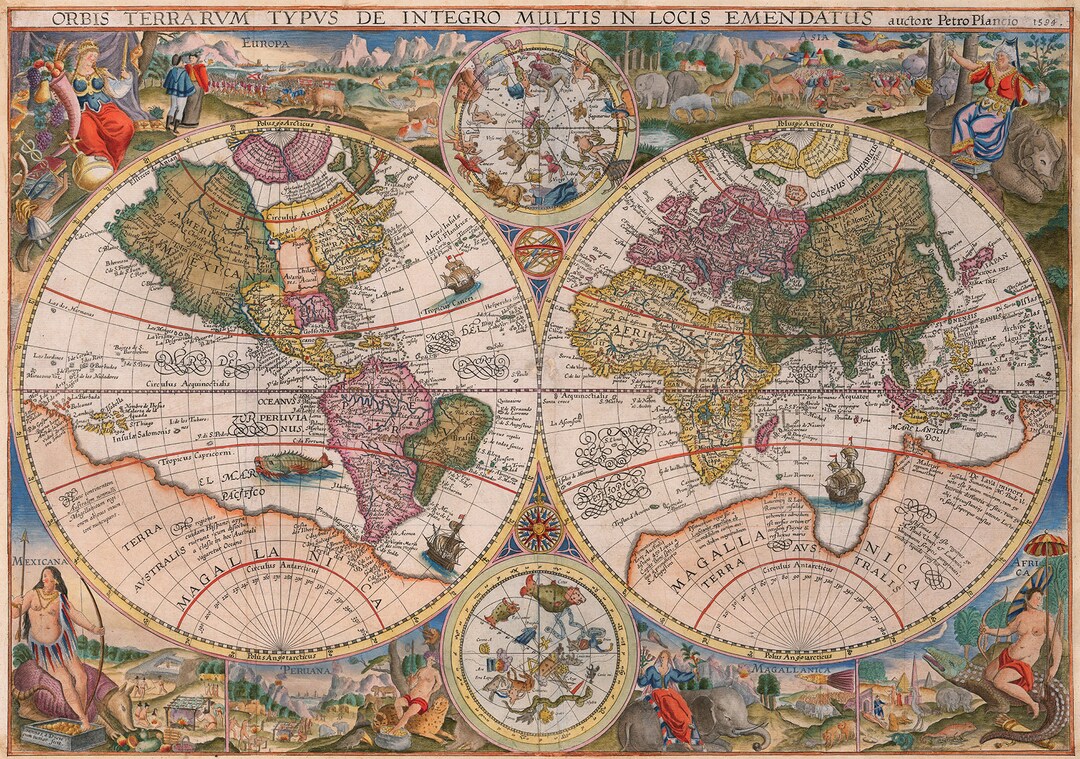 1594 Ancient Double Hemisphere World Map Poster Reproduction - Etsy