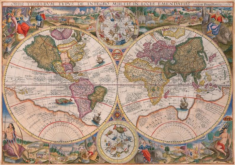 1594 Ancient Double Hemisphere World Map Poster Reproduction - Etsy
