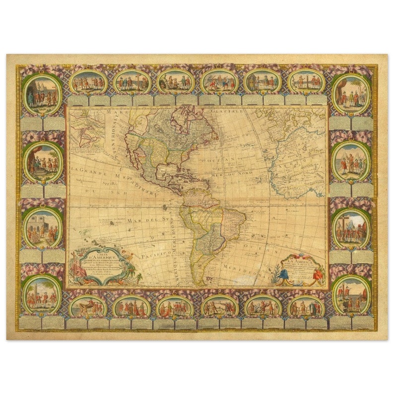 Ancient Illustrated Map of America. Poster of Old Cartography of the ...
