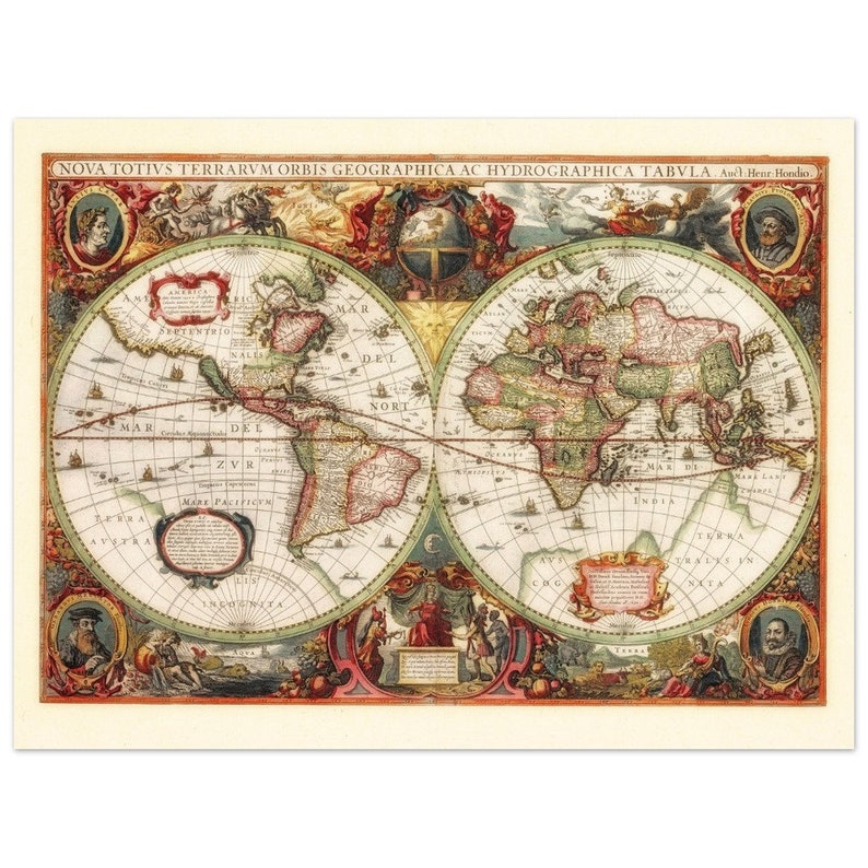 Ancient Old World Map. Illustrated Double Hemisphere Antique Map ...