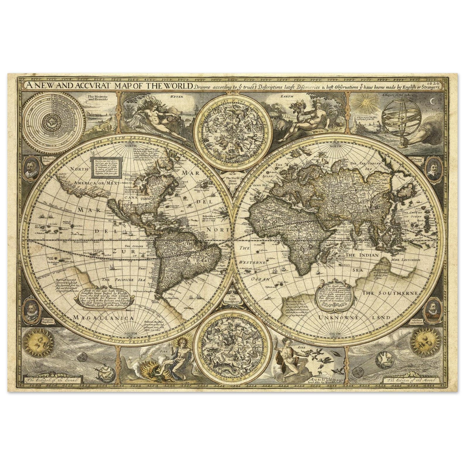 1626 Old World Map Print, John Speed Double Hemisphere Cartography - Etsy