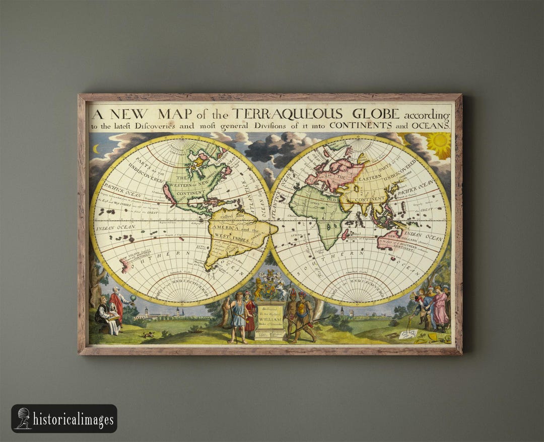Ancient Vintage World Map by Edward Wells. Double Hemisphere ...