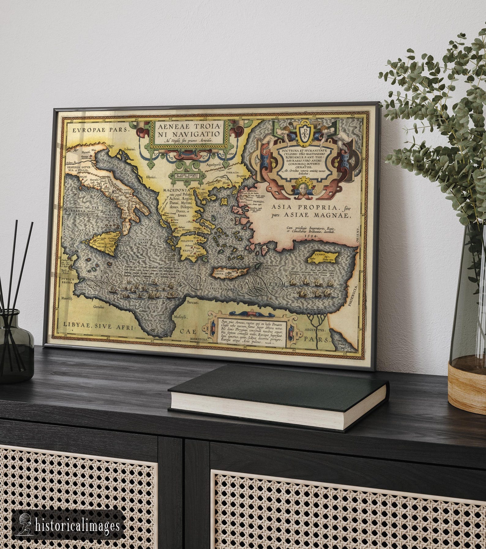 Ancient map of Europe and Asia tracing the sea route to Troy across the ...