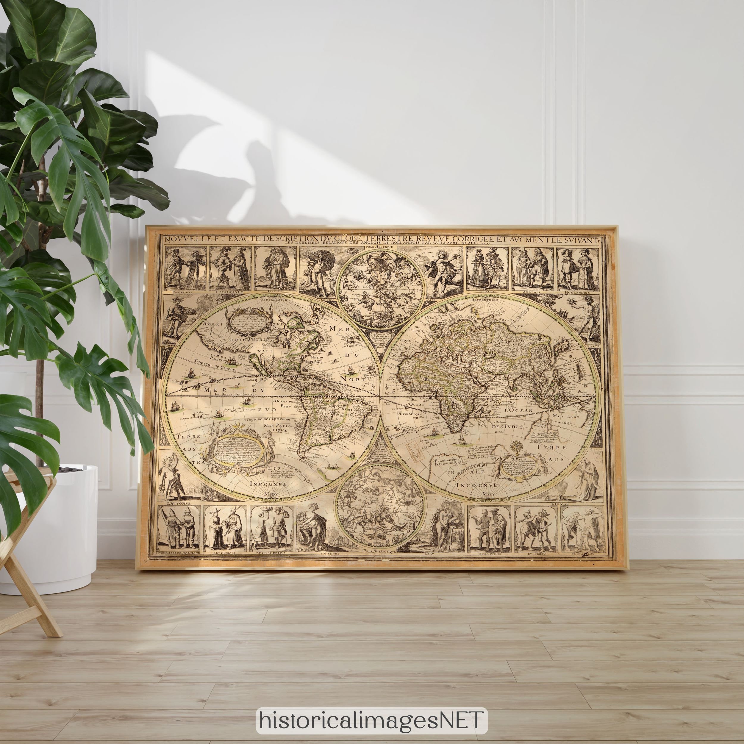 World Map Poster Reproduction . Ancient World Hemisphere of 1645. Fine ...