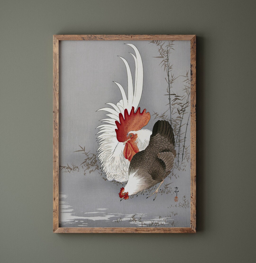 Rooster and Chicken by Ohara Koson Uyiko-e Art Woodblock Print ...
