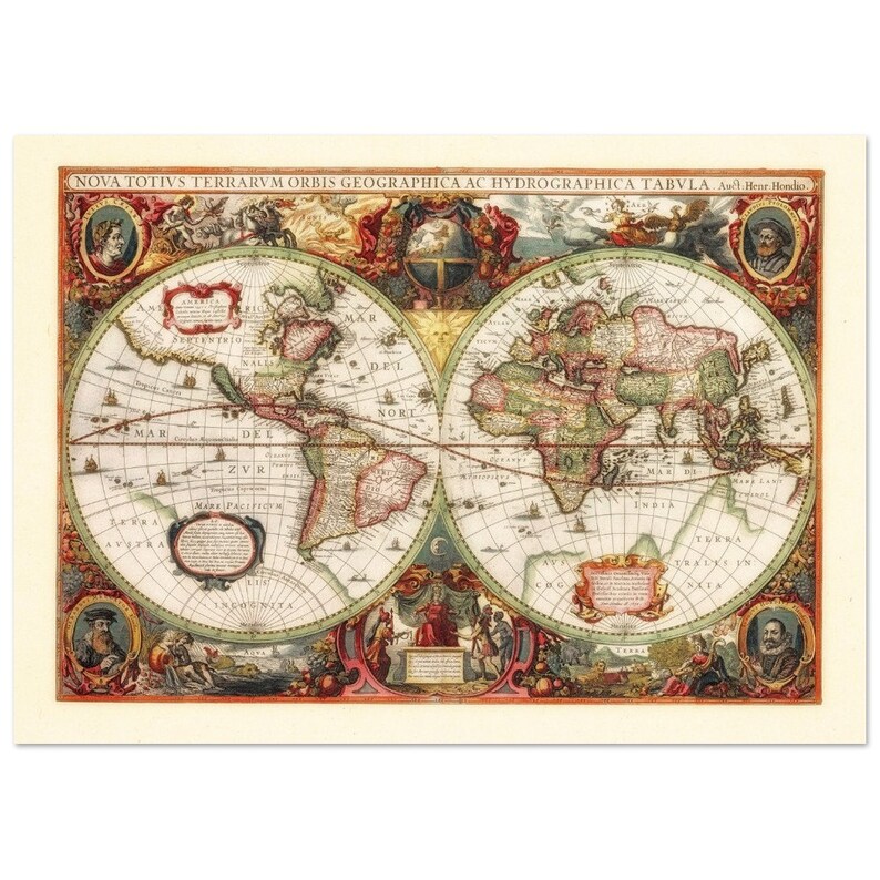 Ancient Old World Map. Illustrated Double Hemisphere Antique Map ...