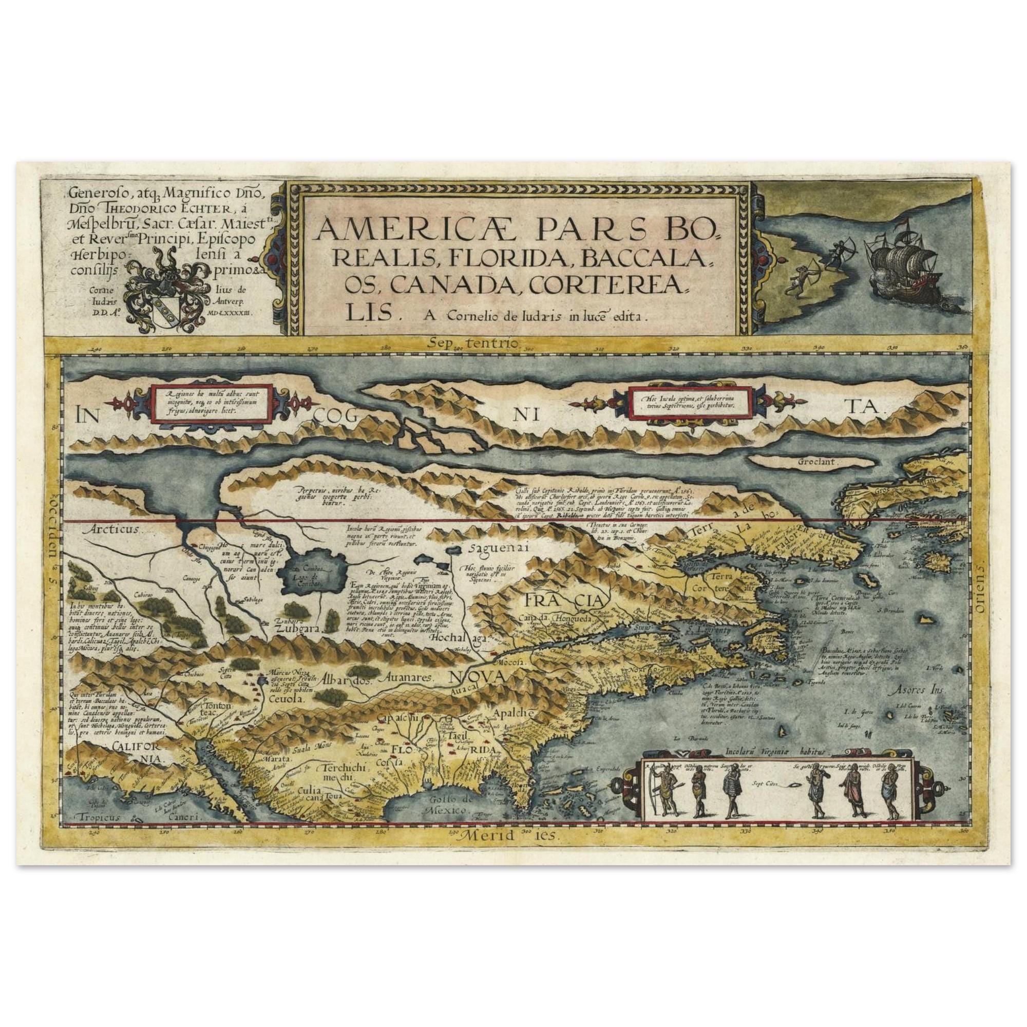 Very Ancient Vintage Map of North America by Cornelis De Jode. Fine Art ...