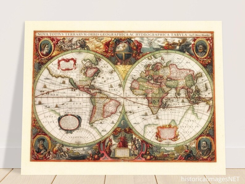 Ancient Old World Map. Illustrated Double Hemisphere Antique Map ...