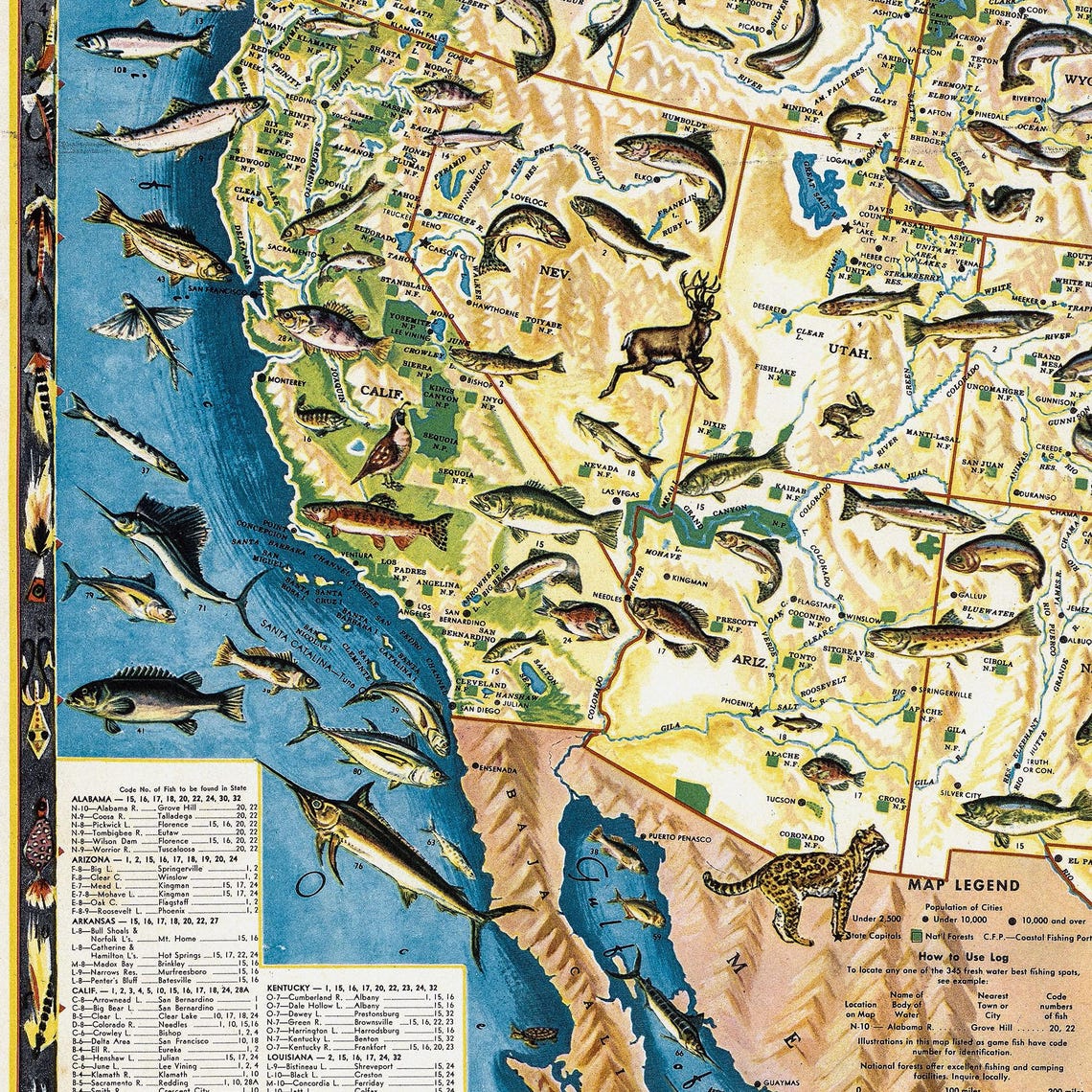 Sportsmen's Fishing Map of the United States and Neighboring Waters ...
