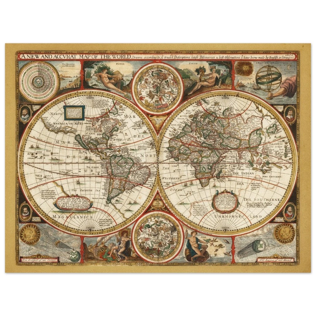 Ancient World Map. Beautiful Illustrated Double Sphere Cartography of ...