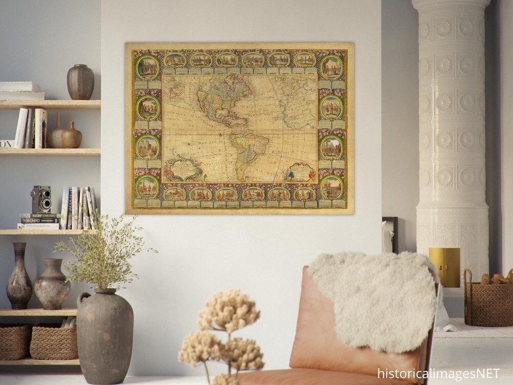 Ancient Illustrated Map of America. Poster of Old Cartography of the ...