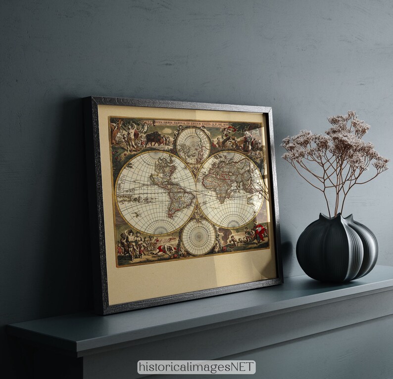 Antique World Map Print. Illustrated Vintage Map Reproduction From 1688 ...