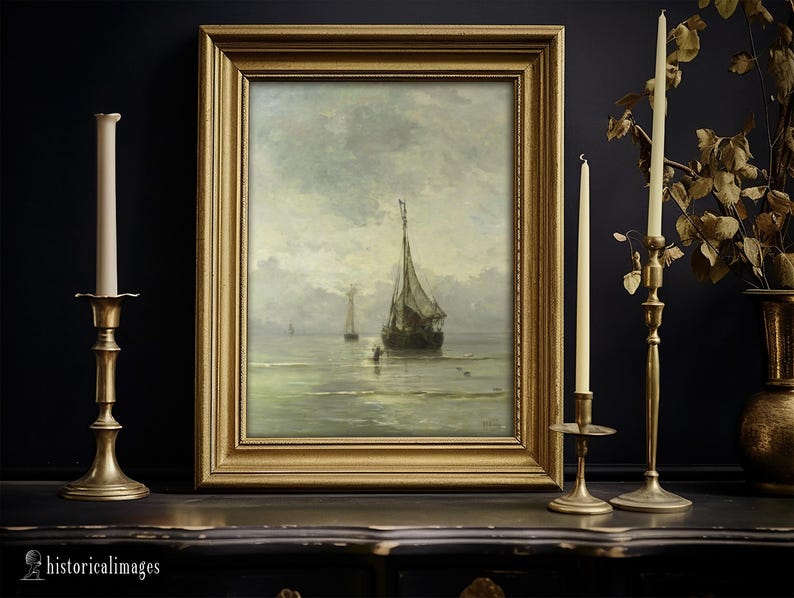 Calm See ( Kalme Zee) by Hendrik Willem Mesda. XIX Century Old Antique ...