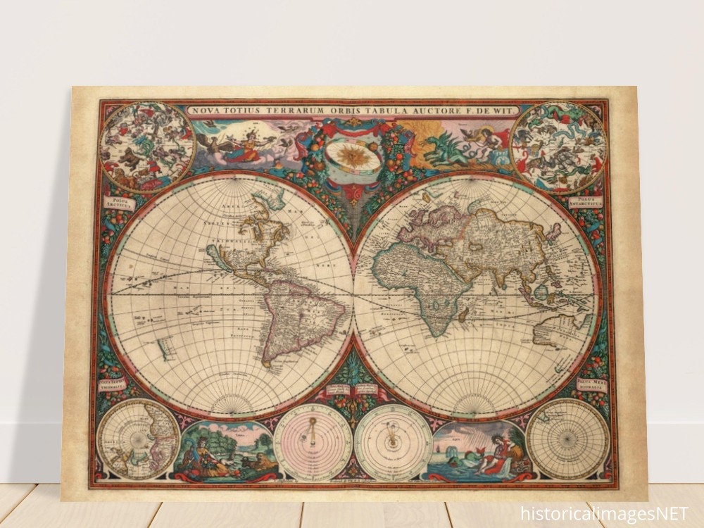 1660 Ancient Old World Map. Double Hemisphere Antique Map Reproduction ...