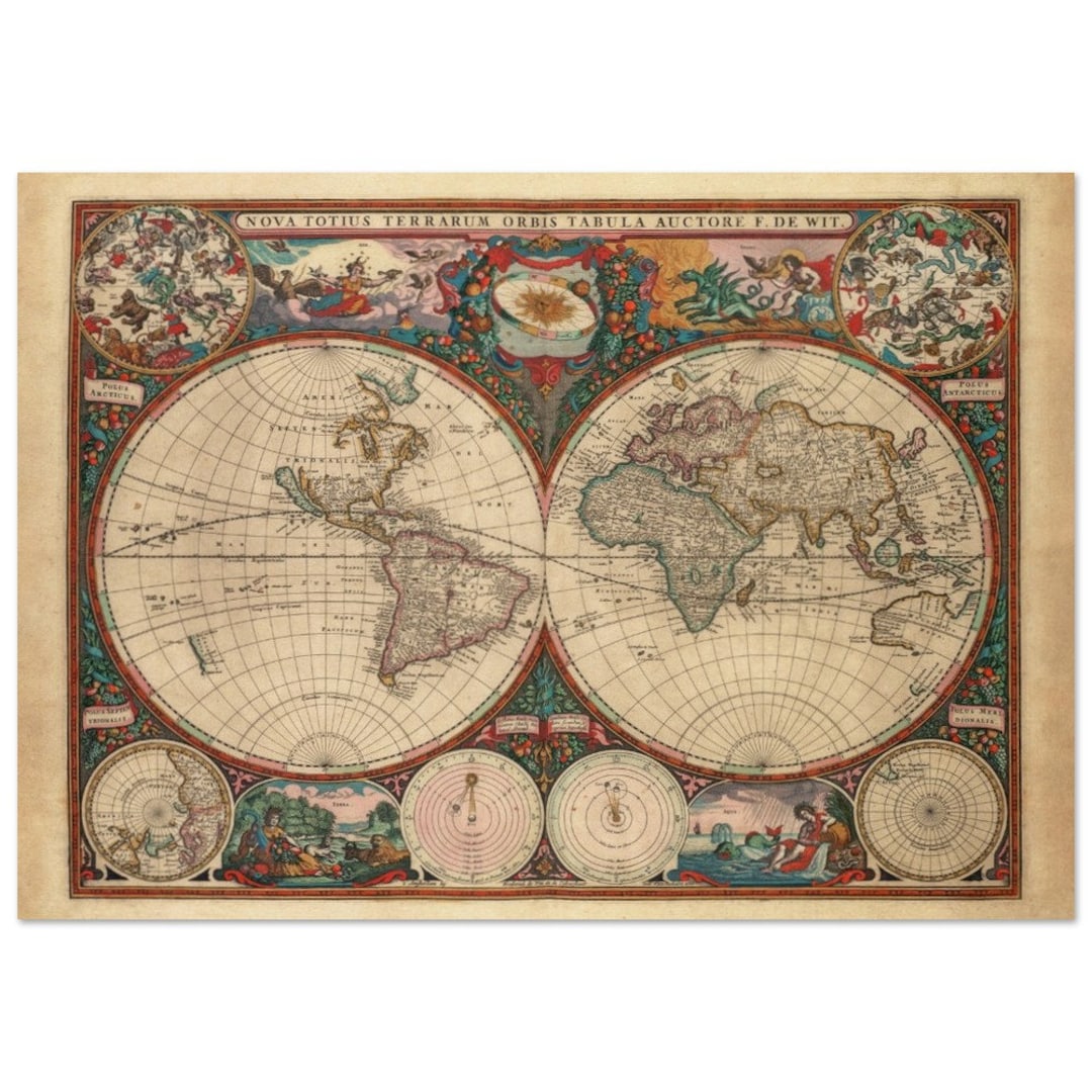 1660 Ancient Old World Map. Double Hemisphere Antique Map Reproduction ...