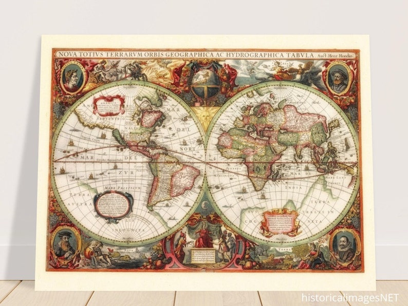 Ancient Old World Map. Illustrated Double Hemisphere Antique Map ...