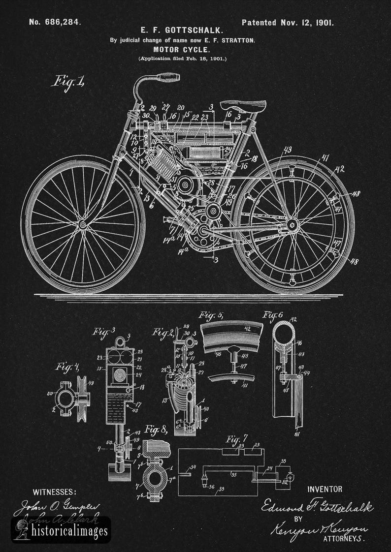 Motorcycle old patent 686284 by Gottschalk Matte print - Etsy Portugal