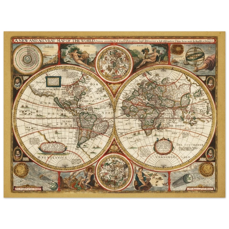 Ancient World Map. Beautiful Illustrated Double Sphere Cartography of ...