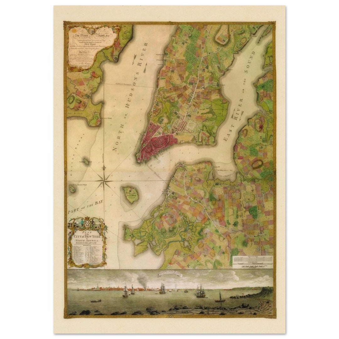 Beautiful Antique Old Map From Above of New York City 1770. Aerial View ...
