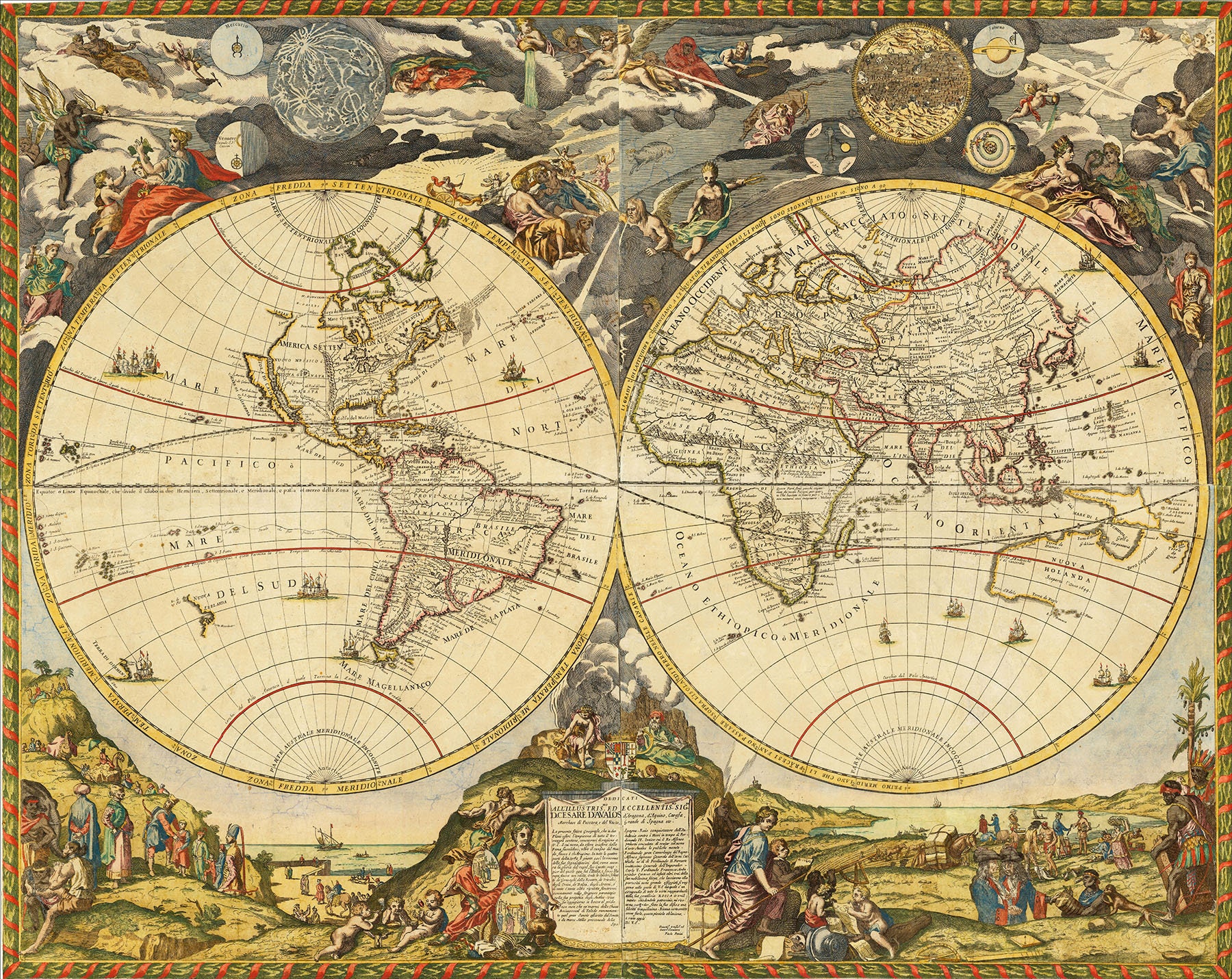 1700 Vintage Historic World Map Poster Reproduction by Paolo Petrini ...