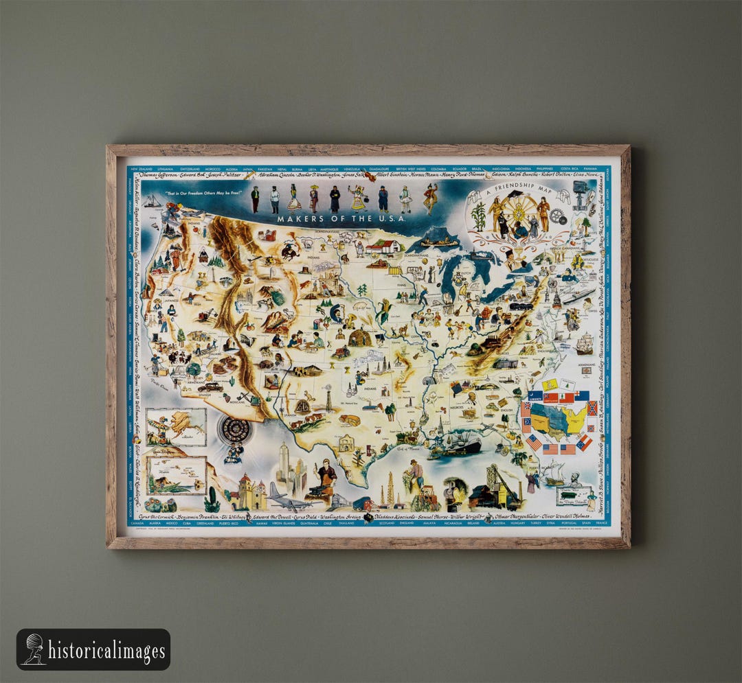 Makers of the U.S.A.: A Friendship Map. Vintage Pictorial Map of the ...