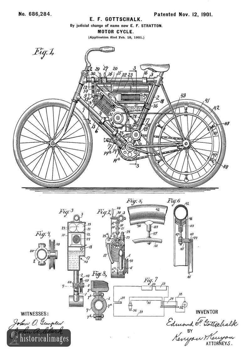 Motorcycle old patent 686284 by Gottschalk Matte print - Etsy Portugal