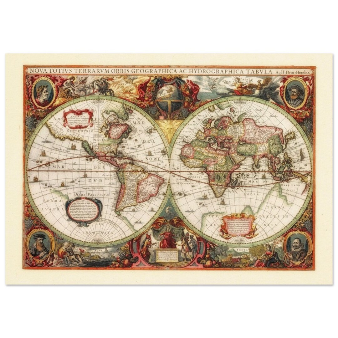 Ancient Old World Map. Illustrated Double Hemisphere Antique Map ...