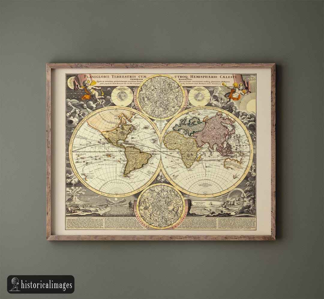 Ancient world double hemisphere map with beautiful illustrations ...