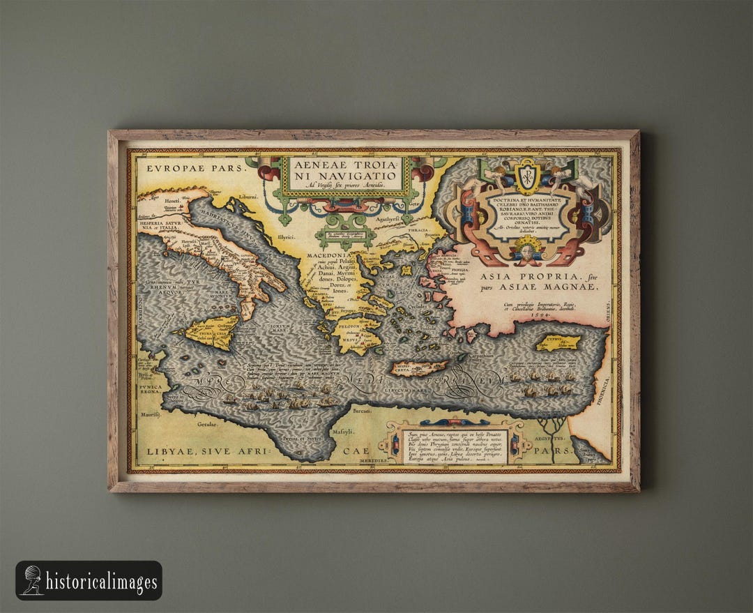 Ancient Map of Europe and Asia Tracing the Sea Route to Troy Across the ...