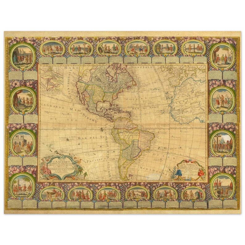 Ancient Illustrated Map of America. Poster of Old Cartography of the ...