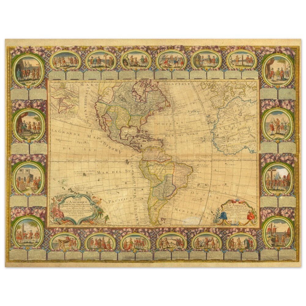 Ancient Illustrated Map of America. Poster of Old Cartography of the ...