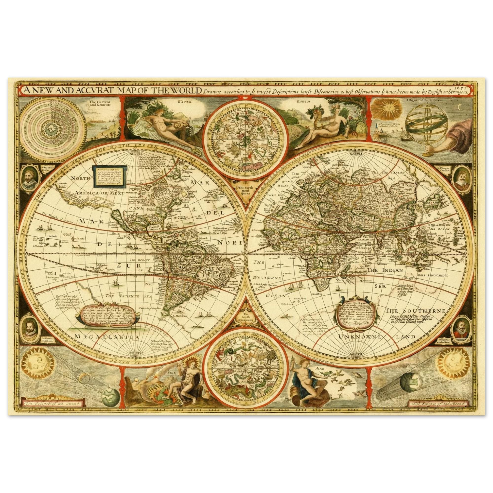 1651 World Map Print, XVII Century Double Hemisphere Cartography - Etsy