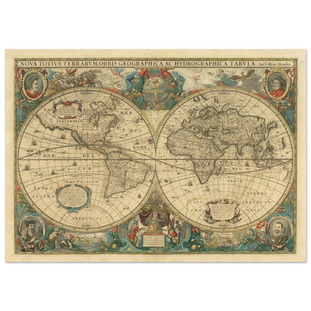 1630 Old World Map Poster. Fine Art Print. Remastered Antique Ancient Double Hemisphere World ...