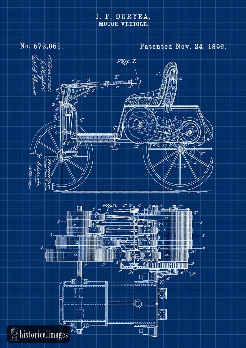 Motor Vehicle Patent Drawing by James Frank Duryea. Matte Paper Print ...