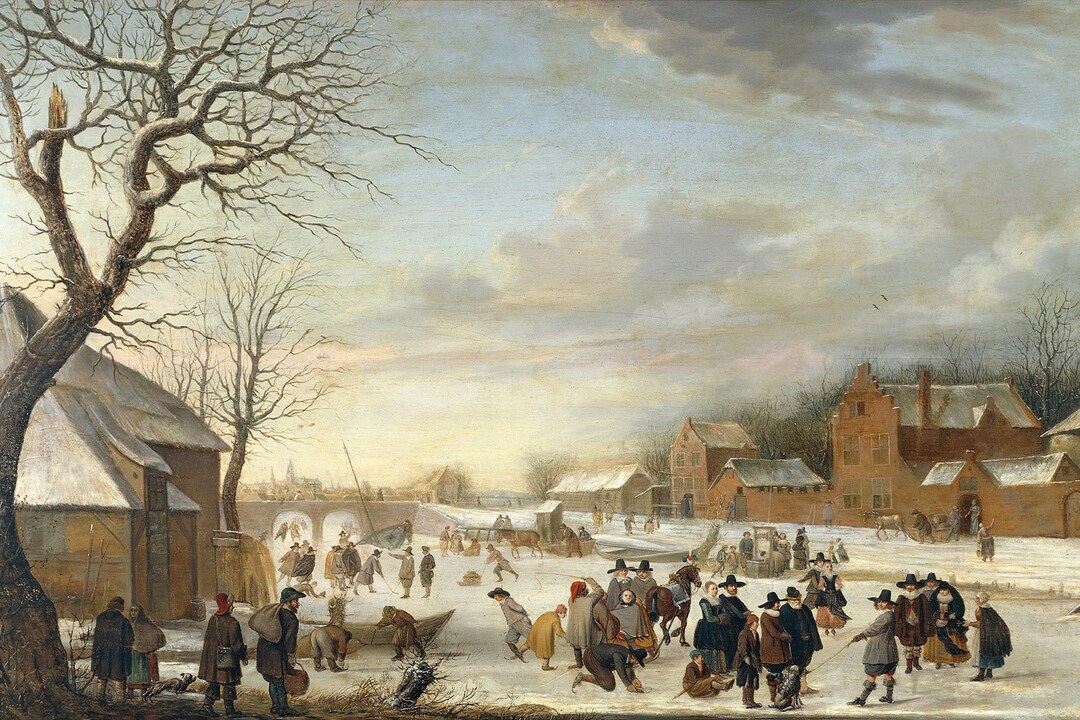 Antique Painting With Vintage Landscape, People Skating on Ice XVII ...
