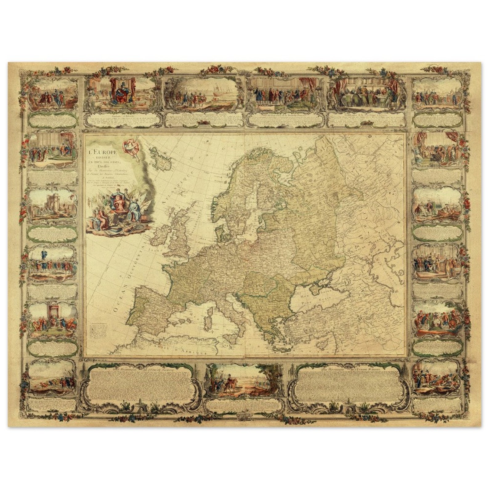 Ancient Old Map of Europe. Fine Art Print and Canvas of Antique ...