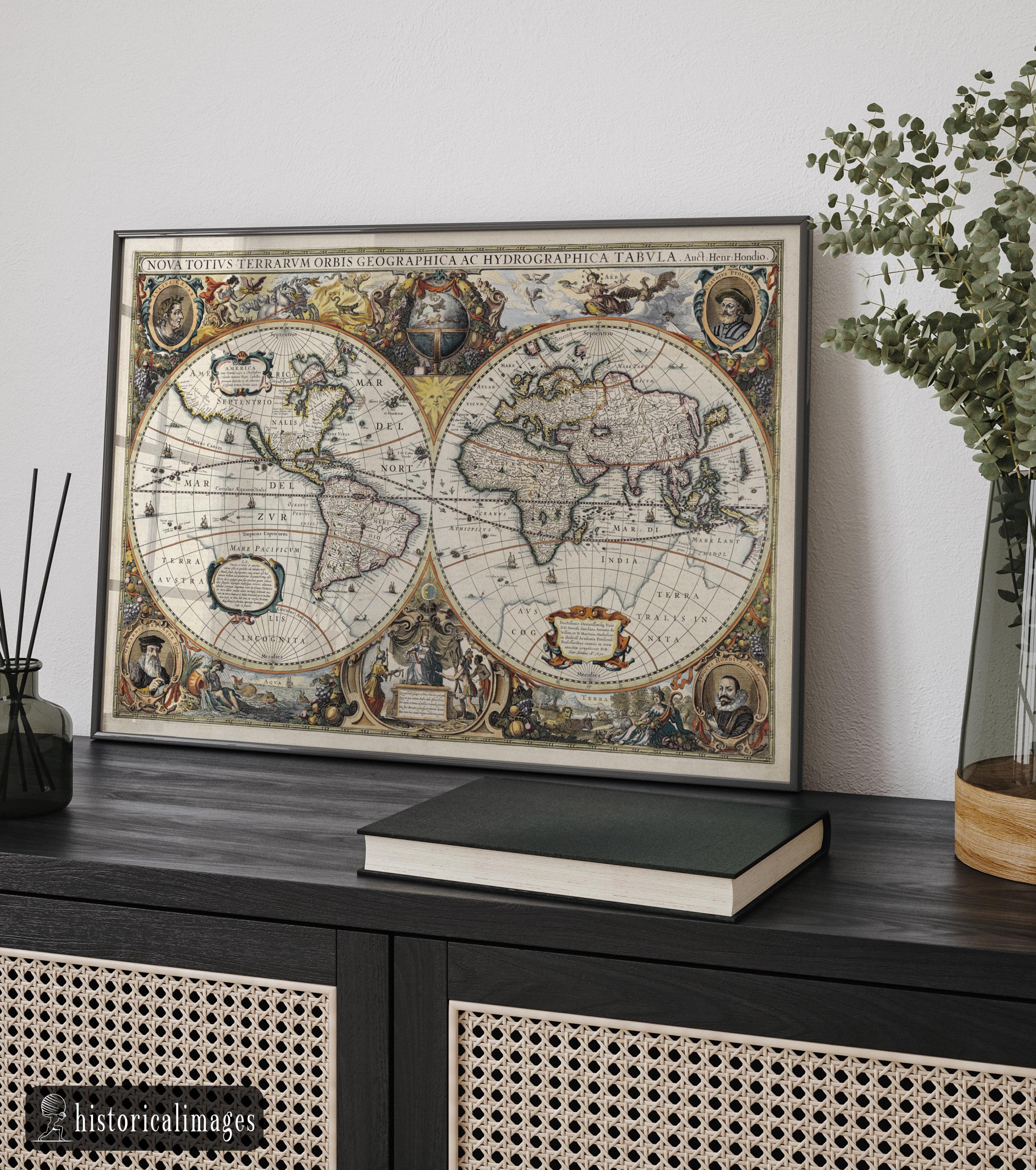 Ancient World Map. Vintage Double Hemisphere Cartography by Henricus ...